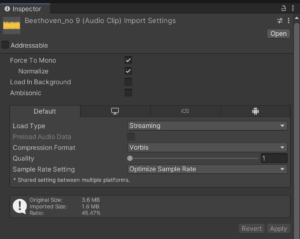 【Unity】サウンドファイル Audio Clip設定 最適化 とりあえず こうしておけば大丈夫 | くものす