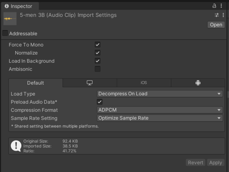 【Unity】サウンドファイル Audio Clip設定 最適化 とりあえず こうしておけば大丈夫 | くものす